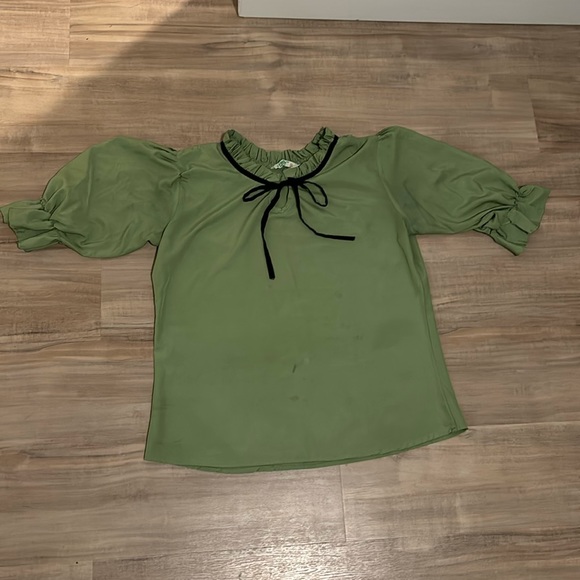 Tops | Elegant Sage Green Shirt With Bow Neckline And Puff Sleeve ...